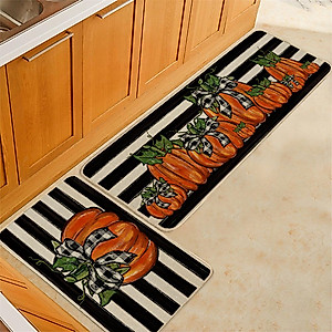 GEEORY Fall Kitchen Mats Set of 2, Striped Pumpkins Bowknot Floor Mat Farmhouse Seasonal Holiday Thanksgiving Decorations 17x29 and 17x47 Inch (Striped) GK068