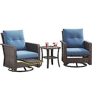 HWB 3 Piece Outdoor Patio Furniture Set Padded Rocking Chair with Retractable Footrest, Bistro Table and Chairs Set of 2, Swivel Glider Rocker Chair Couch with Cushions for Front Porch Balcony Garden