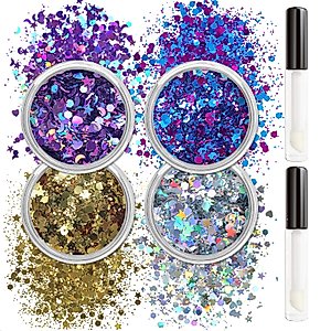 Allstarry Holographic Chunky Body Glitter 4 Colors Cosmetic Face Glitter Face Paint Sparkle Eye Flakes Festival Hair Sequins Mermaid Rave Accessories with Body Glue for Women Makeup Nails DIY Crafts