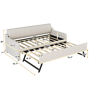 Bellemave Extending Upholstered Daybed with Trundle and USB Charging Stations, Day Bed with Pop Up Trundle Bed, Expandable Daybed Twin Size Trundle Solid Wood, Pull Out Trundle Bed Frame, Beige