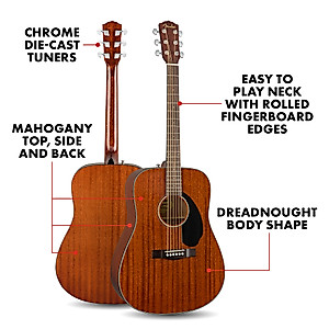 Fender Acoustic Guitar, CD-60S, with 2-Year Warranty, Dreadnought Classic Design with Rounded Walnut Fingerboard, Glossed Finish, All-Mahogany Construction