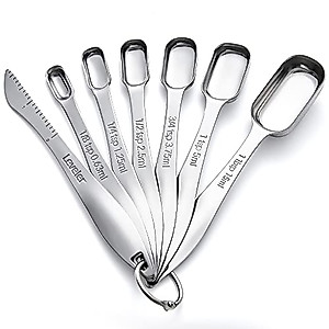 Rainspire Heavy Duty Measuring Spoons Set Stainless Steel, Metal Measuring Cups and Spoons Set for Dry or Liquid, Fits in Spice Jar, Home Gadgets Kitchen Gadgets, Set of 7 Including Leveler