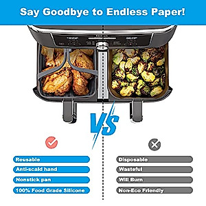 10QT Air Fryer Silicone Liners for Ninja，2Pcs Rectangular Airfryer Silicone Accessories Long Handle, Reusable Airfryer Pot Replacement Baking Tray Basket for Ninja DZ401 DZ550 Foodi 10 Quart