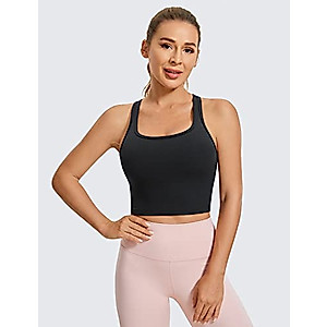 CRZ YOGA Butterluxe Womens Y-Back Racerback Longline Sports Bra - Padded Scoop Neck Workout Crop Tank Top with Built in Bra Black Small