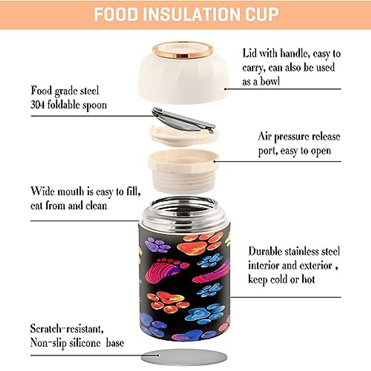 CUPADA Colorful Animal Human Paw Food Jar for Hot and Cold, Insulated Food Jars Vacuum 17OZ with Folding Spoon for Work Trip Picnic Camping