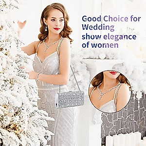 4 Pieces Women Rhinestone Evening Clutch Bag Rhinestone Ear Clip Bridal Wedding Choker Bracelet Dangle Prom Jewelry Set for Women Silver Evening Bag Bling Glitter Purse for Girls Party (Elegant Style)