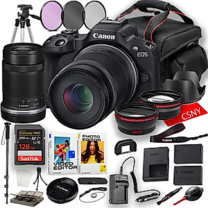 Canon EOS R50 Mirrorless Camera with 55-210mm Lens + 128GB Memory + Pro Series 0.43x Af Wideangle Lens + Pro Series 2.2X Af Telephoto Lens + Monopod + Filters + Tripod + More (29pc Bundle) (Renewed)