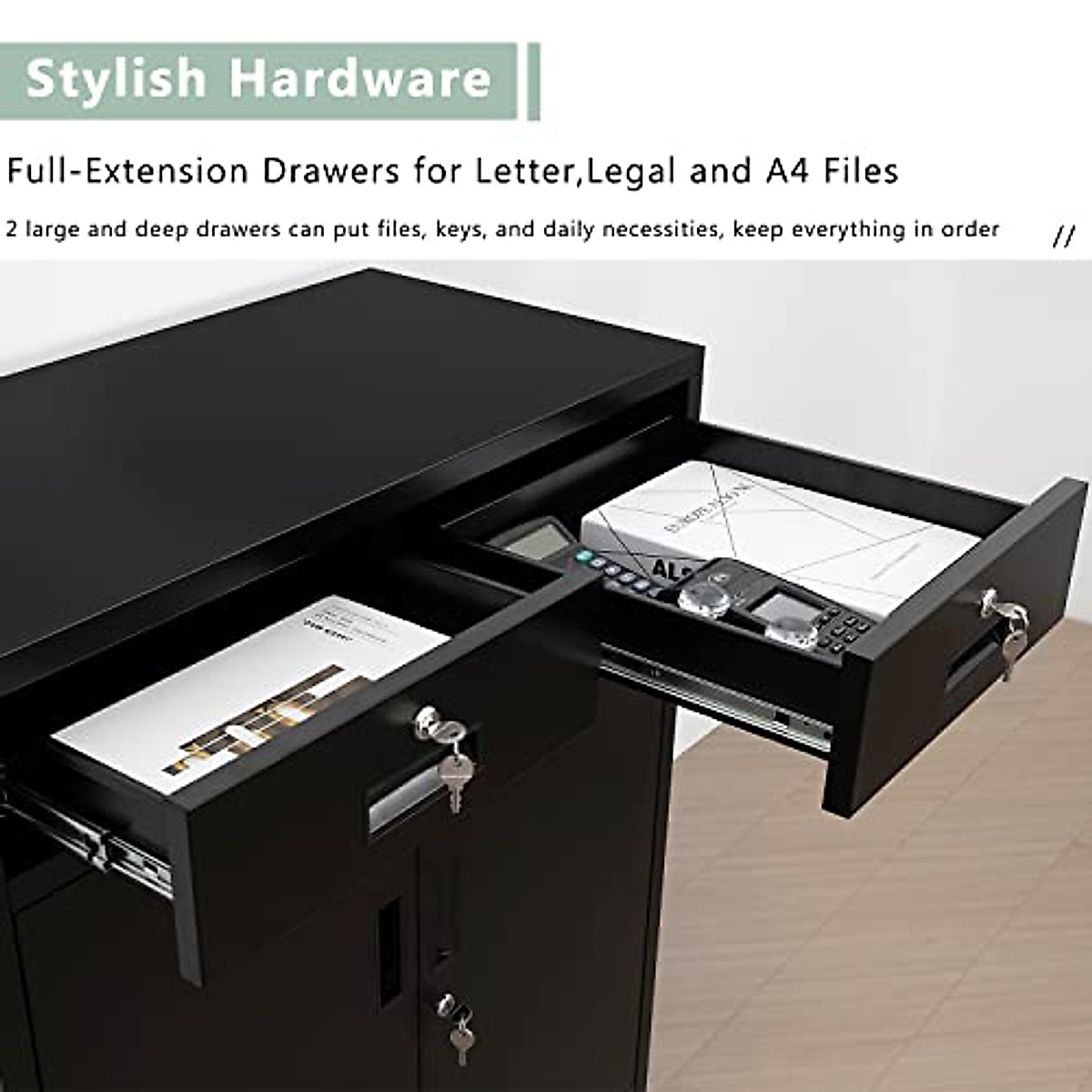 2 Drawers Metal Cabinet, 36” Locking File Cabinet for Garage、Classroom and Office - Black