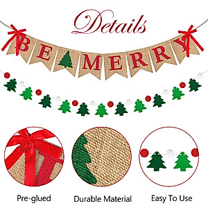 2Pcs Merry Christmas Banner, Be Merry Burlap Banner Felt Ball Christmas Tree Pom Pom Garland Happy Holidays Banner for Mantle Fireplace Christmas Xmas Party Holiday Decorations Home Outdoor Indoor