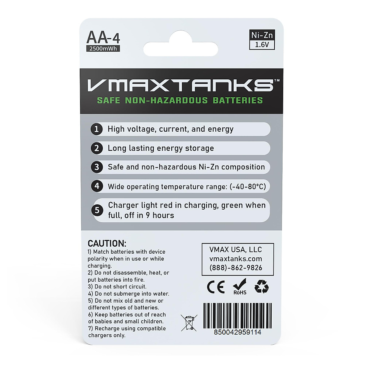 VMAX AA-4CH Ni-Zn Rechargeable AA 4 Pack Batteries for High Drain Devices + Charger 1.6V 2500mWh + Storage Case (1 Pack of (4))