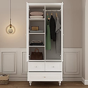 Homsee Wardrobe Armoire Wooden Closet with Mirror, 2 Doors, 3 Drawers, 4-Tier Storage Cubes and Hanging Rod for Bedroom, White (31.5”L x 19.7”W x 70.9”H)