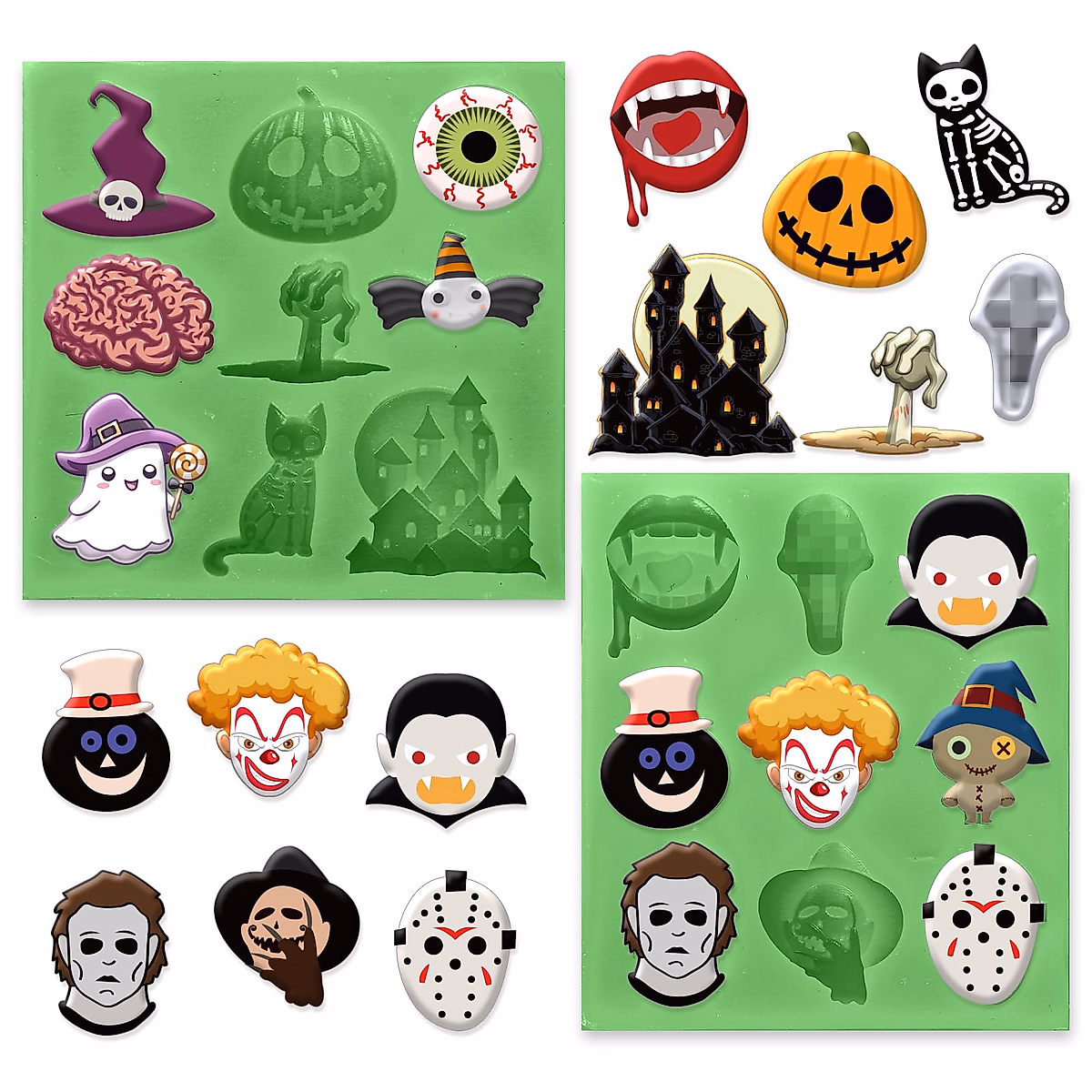 Whaline 2Pcs Halloween Theme Fondant Molds Halloween Spider Pumpkin Eyeball Clown Vampire Pattern Silicone Candy Moulds for Halloween Party Cupcake Topper Decorating Sugar craft Gum Paste Resin Clay