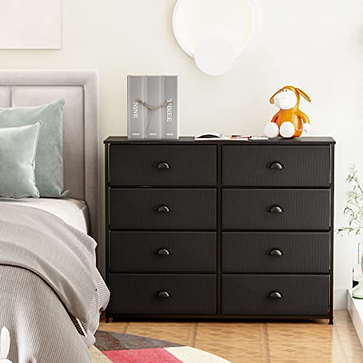 Furnulem 8 Drawer Dresser Wide 40'' Long, Storage Chest of Drawer for 50'' TV Stand, Closet, Bedroom, Nursery, Fabric Bins, Wooden Top Living Room Rustic Furniture (Black)