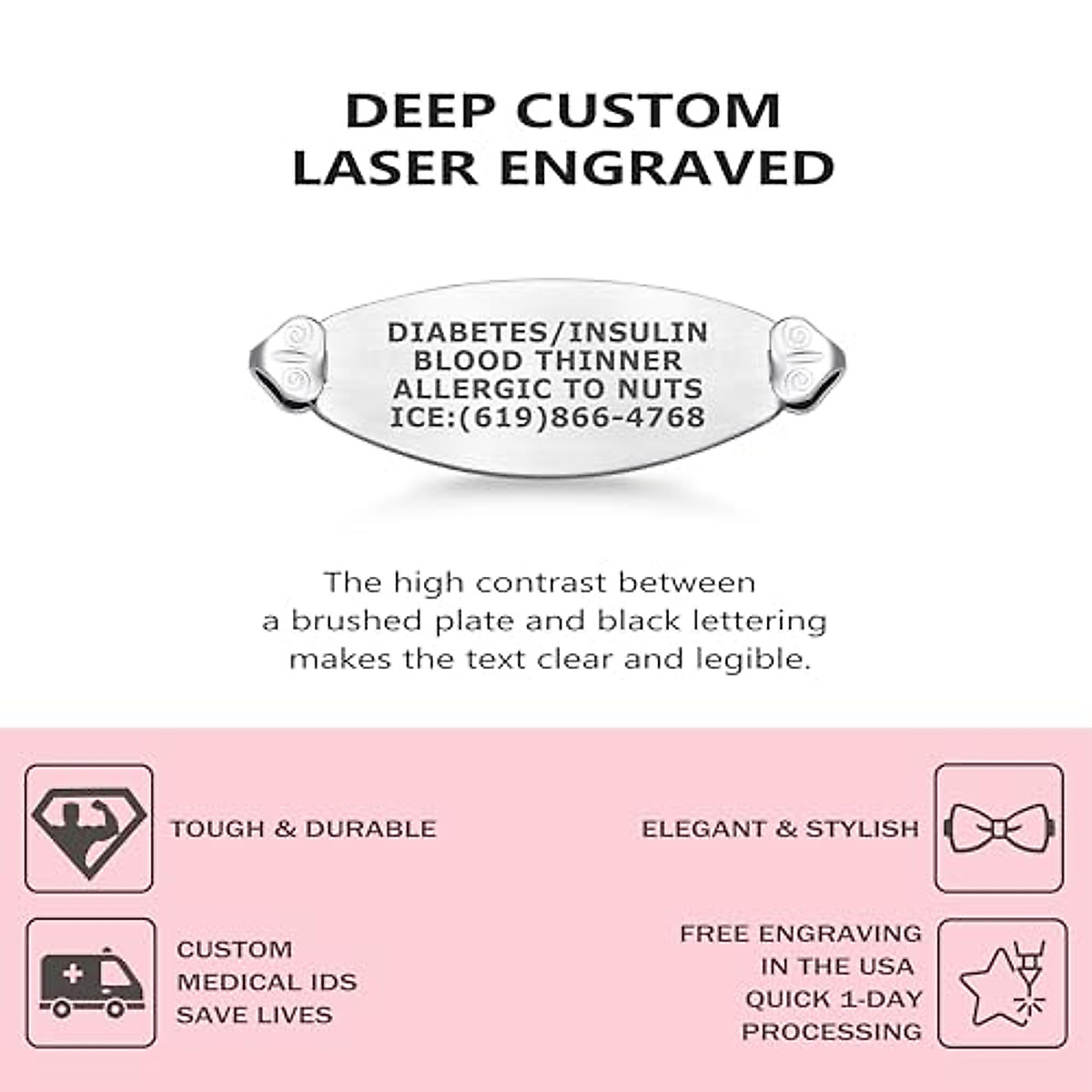 Divoti Custom Engraved Filigree Medical Alert ID Bracelets for Women, w/Heart Link – White-8.0"