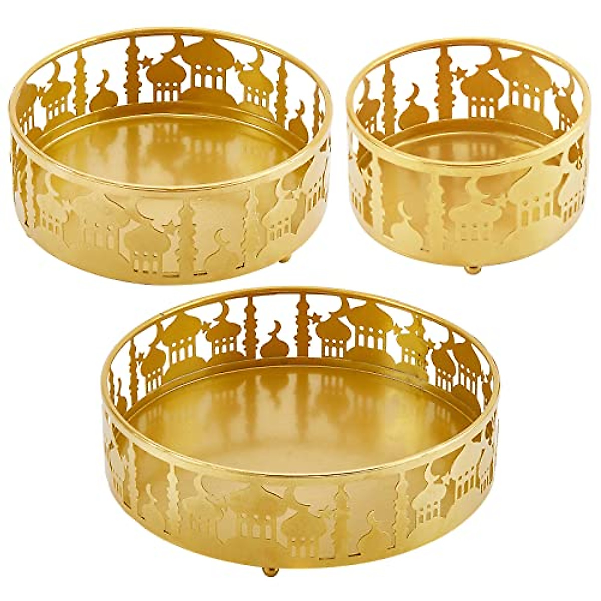CHGCRAFT 3 Pcs 3 Sizes Metal Eid Food Tray Round Islam Platter Snack Dessert Holder Lunar Ramadan Tray Set Islam Mubarak Food Tray Decoration for RHoliday Home Party, Antique Bronze