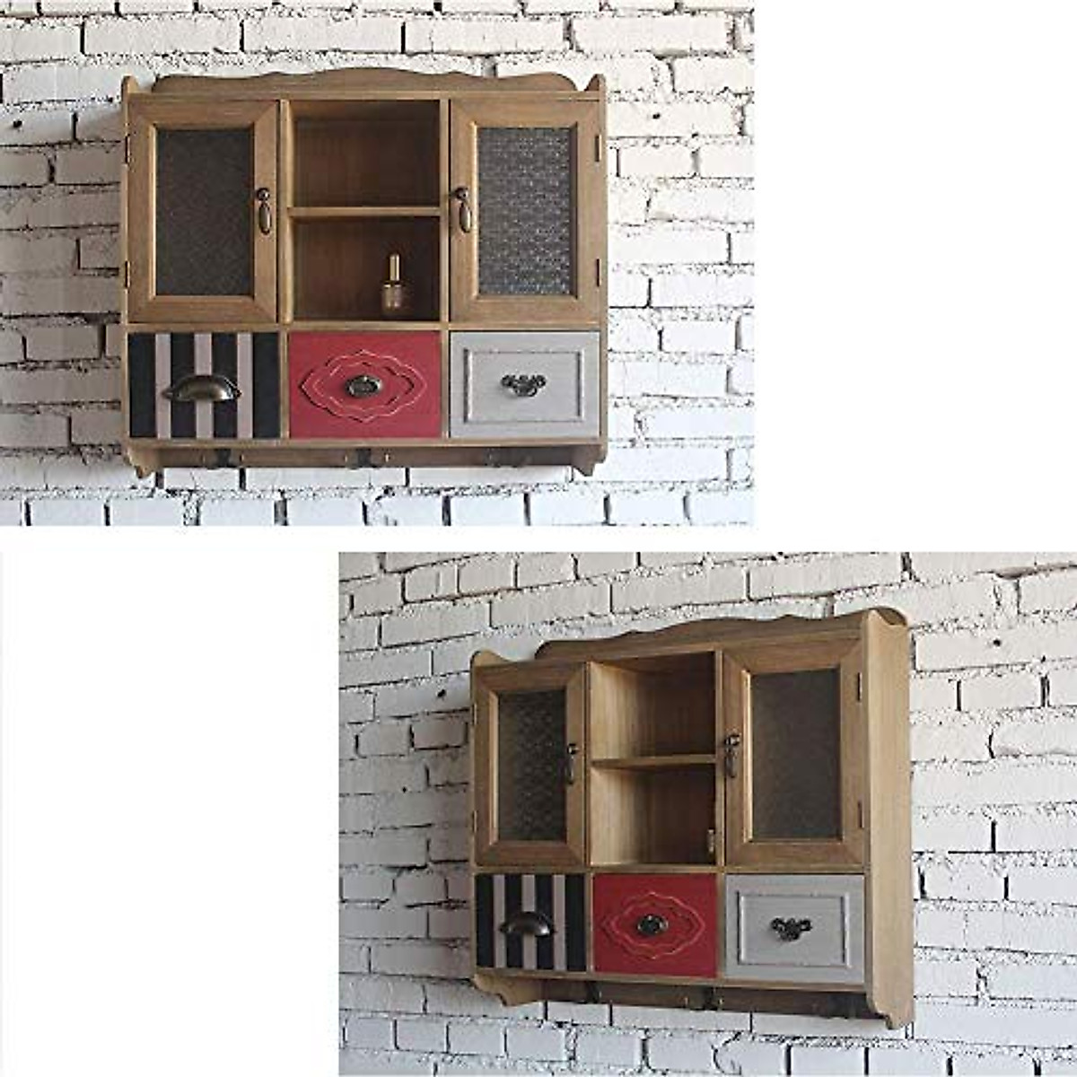 PIBM Stylish Simplicity Shelf Wall Mounted Floating Rack Shelves Retro Solid Wood Glass Doors and Windows Lockers Color Living Room,2 Colours, Wood , 63x59x17.5cm
