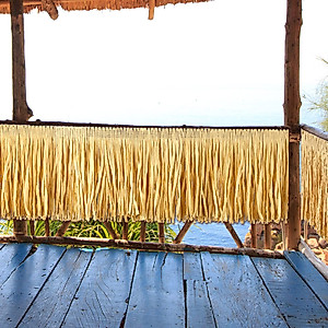 Hawaiian Luau Grass Raffia Fringe Banner Table Skirt for Tropical Birthday Party Tiki Bar Decoration Hula Tiki Raffia Grass Table Banner for Summer Beach Party, 157 (W) x12 (H) (Straw Color, 2 Pcs)