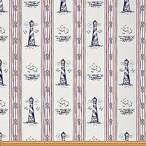 Ocean Lighthouse Fabric by The Yard, Seagull Animal Birds Upholstery Fabric, Nautical Vintage Line Print Decorative Fabric,DIY Art Waterproof Fabric,Upholstery and Home Accents, Blue Red, 2 Yards