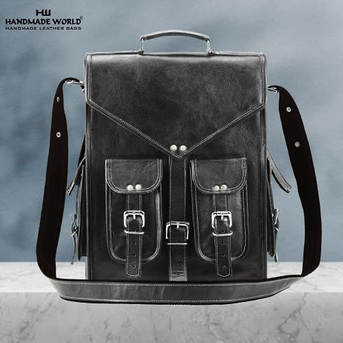 Handmade World Black Vintage Leather Backpack Laptop Messenger Bag Rucksack Sling for Men and Women (12" x 16")