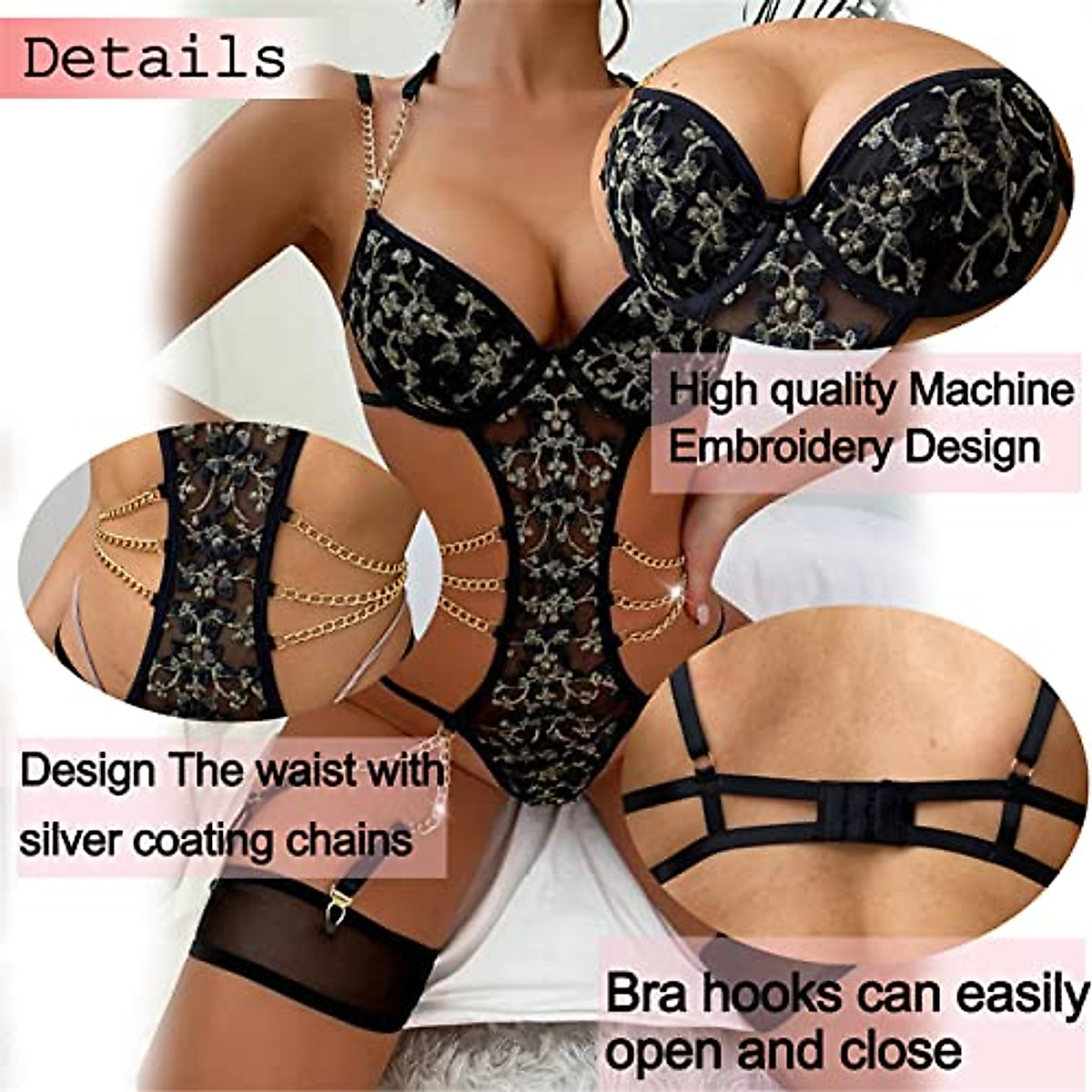 LQWY Sexy Garter Lingerie Set for Women Floral Lace Mesh Chain Babydoll Underwire Bra and Panty Sets