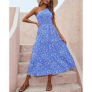 BTFBM Women Sleeveless Casual Dresses Summer Clothes One Shoulder Smocked High Waist Floral Flowy Long Beach Sun Dress(Floral Blue White, Medium)