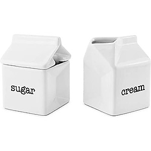 Darware Sugar and Creamer Set, Milk Carton Shaped White Ceramic Cream Jug and Sugar Bowl