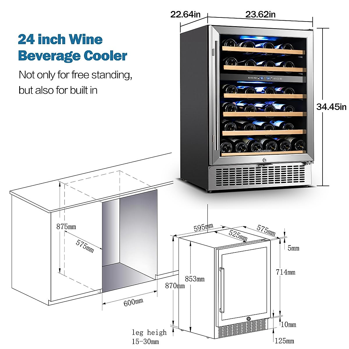 AAOBOSI 24 Inch Dual Zone Wine Cooler 46 Bottle with Upgraded Compressor Advanced Cooling System Quiet Operate, Freestanding and Built-in Wine Refrigerator