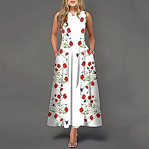 Bodycon Dresses for Women, Semi Formal Dresses Short Women Maxi Dress Large Women's Casual Printing Big Hem Dresswave Round Neck Sleeveless Long Dress Size 8 Dresses with Pockets (L, White)