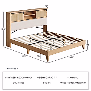 GarveeHome Rattan King Bed Frame with Sliding Door Shelf Headboard, Bohemian Rattan Bed Frame King Size with Shelves, Solid Wood Foundation with Silent Slats, No Box Spring Needed, Natural