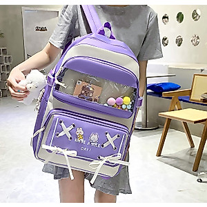 DUOBAOYU 5PCS Kawaii Backpack Set with Cute Pendants and Pins Accessories Aesthetic Rucksack for Teen Girls 17in Cute School Bags Bookbag with Shoulder Bag,Pencil Box,Tote Bag,Small Bag,Purple