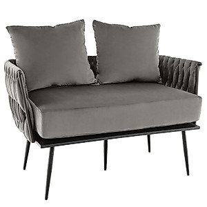Giantex Loveseat Sofa, Upholstered 2 Seat Sofa Couch with Dutch Velvet, Woven Back and Arms, 2 Pillows, Removable Padded Cushion, 5 Solid Metal Legs, for Living Room Apartment Reception Room (Gray)
