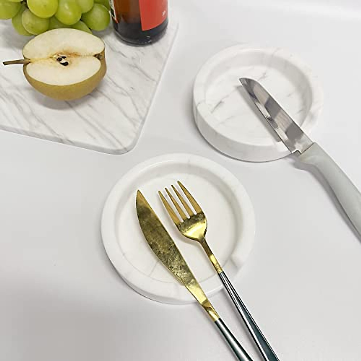 StonePlus Natural Marble Round Small Spoon Rest for Stove Top Spatula Fork Ladle Utensil Rest Keeper,Cooking Spoon Organizer,Kitchen Tool Spoon Holder (Jazz White)