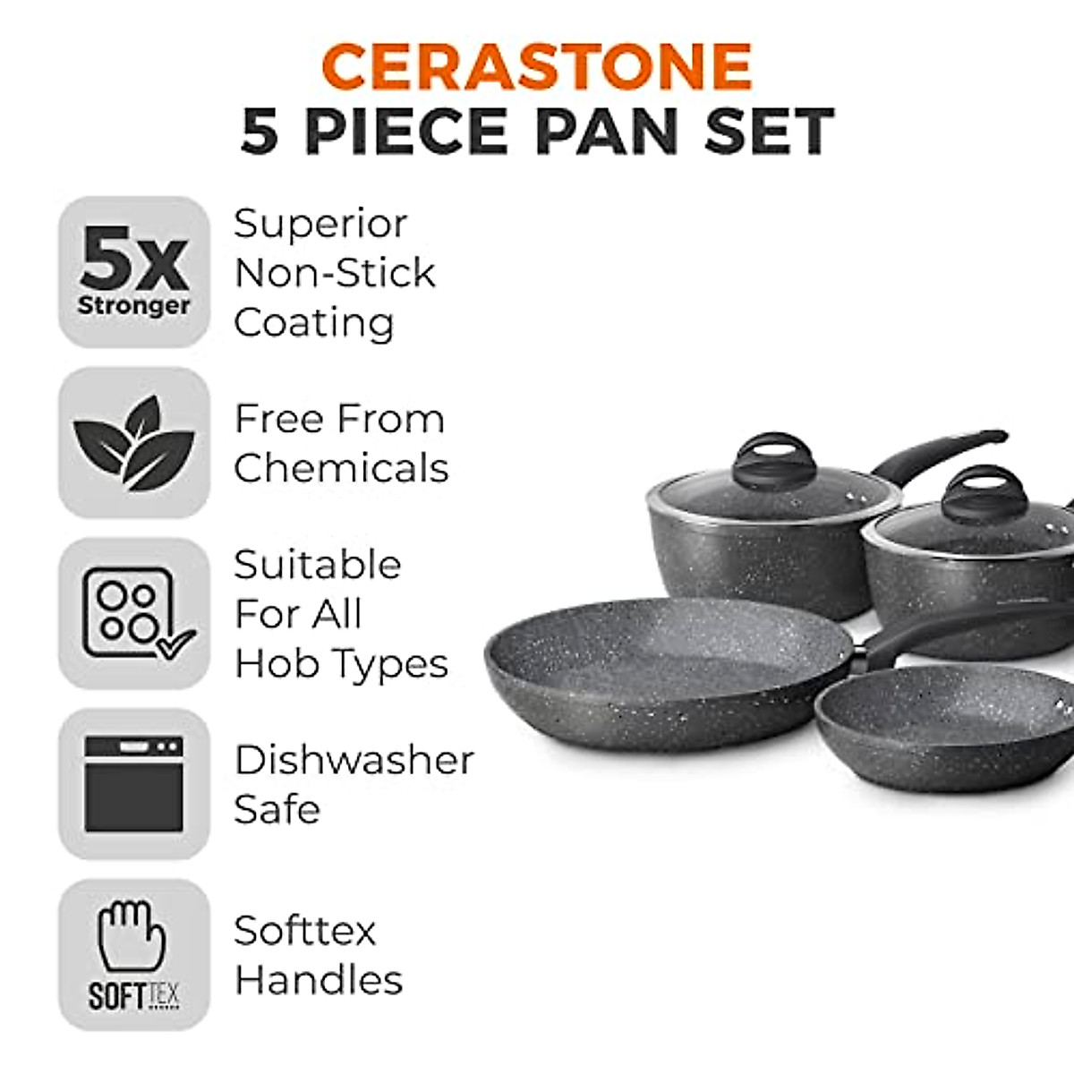 Tower Cerastone Forged Aluminium Pan Set with Easy Clean Non-Stick Ceramic Coating, 5 Piece, Graphite