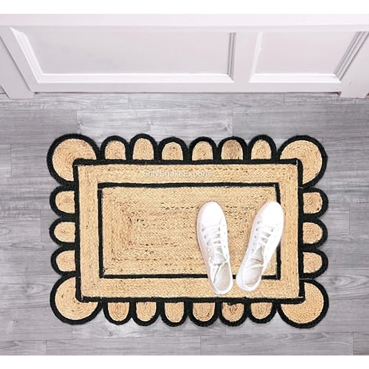 Shiv Shakti Exports Natural Jute Scalloped Rug Bohemian Rug Decor Rug Handwoven Rug Custom Rug Decorative Rug (Black Trim 2'x3' Ft / 61x92 Cm)