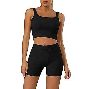 Ribbed 2 Piece Set for Women Sleeveless Crop Tank Top High Waist Shorts Casual Yoga Lounge Sets Black S