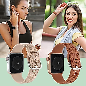 Flower Engraved Silicone Band Compatible with Apple Watch Bands 38mm 40mm 41mm, Cute Women Wildflowers Floral Design Soft Sport Strap Replacement Wristbands for iWatch Series 8 7/SE/6/5/4/3/2/1 (38/40/41mm, Walnut Brown Brown)