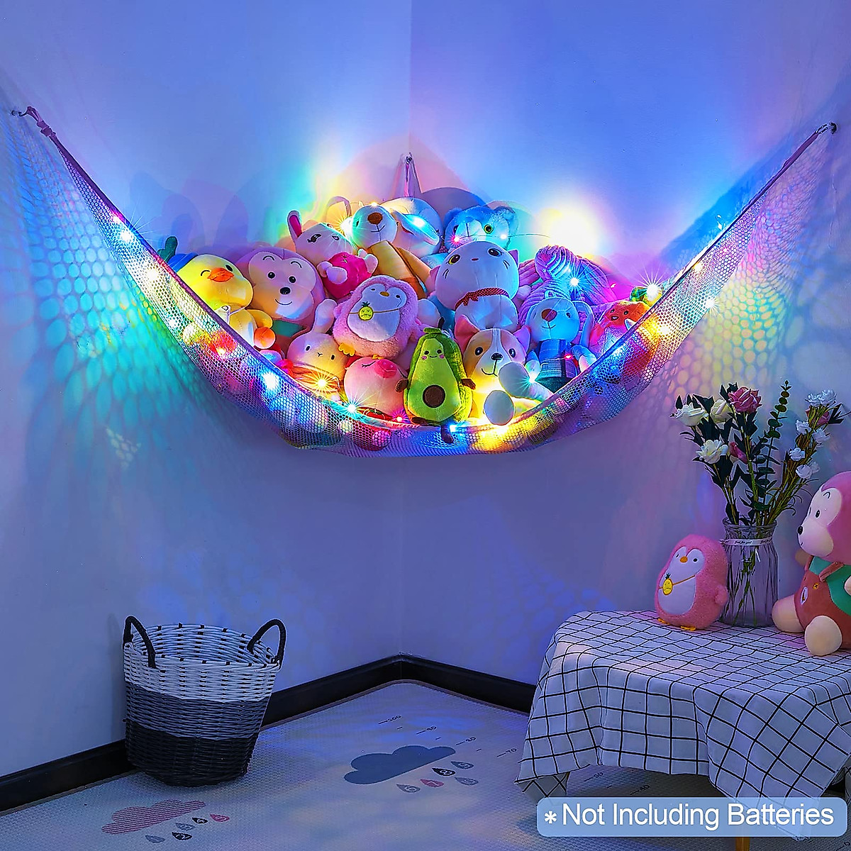 Basumee Stuffed Animals Net or Hammock with LED Light Hanging Toy Net Hammock for Stuffed Animals Storage Stuff Animals Hammocks for Nursery Kids Room with Remote Control, 8 Kinds of Lights(Pack of 1)