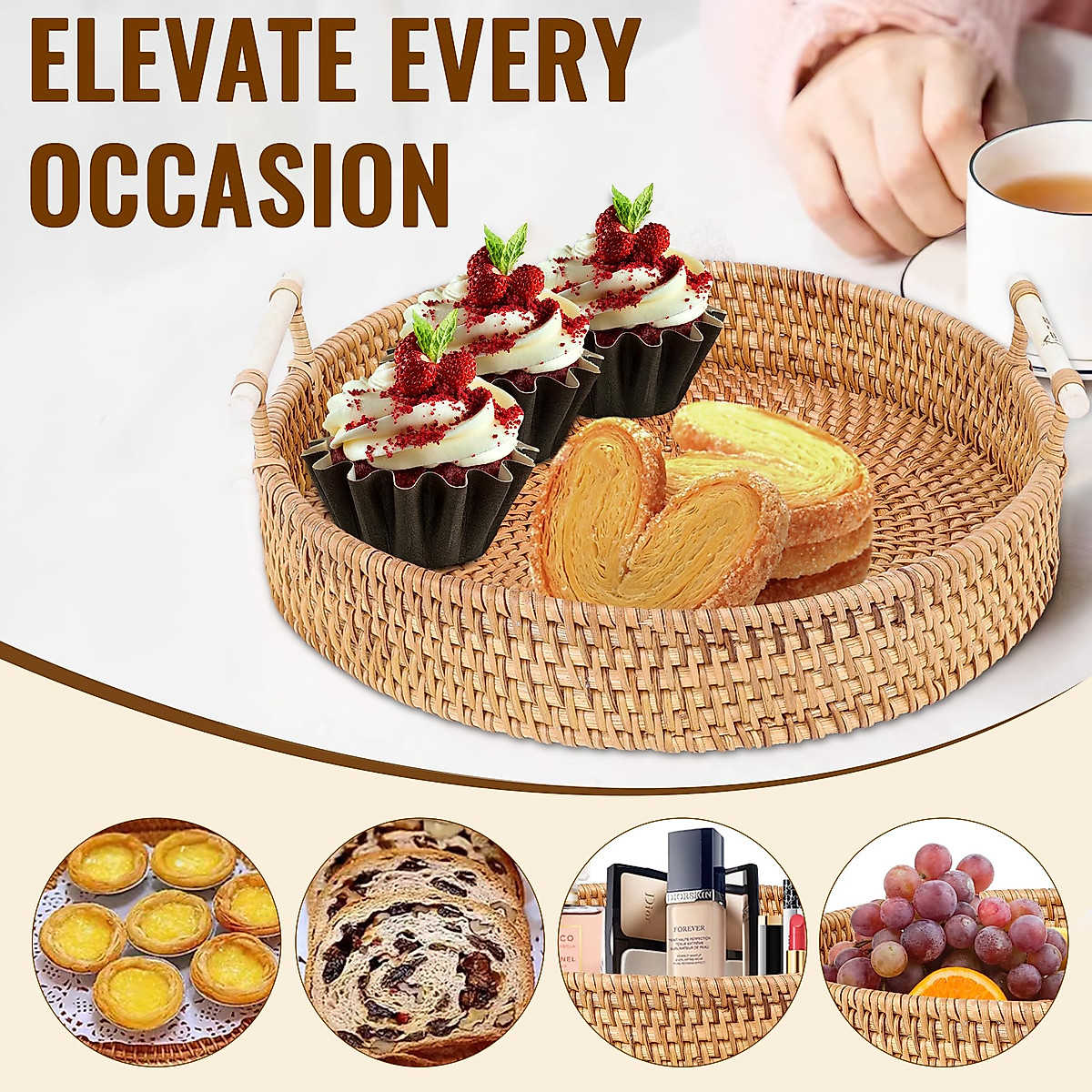 YFFuture Rattan Serving Tray – 11.5-inch Round Serving Tray with Handles – Handmade Round Rattan Tray – Decorative Tray for Coffee Table, Food Serving, Party – Round Wicker Tray for Home Decor…