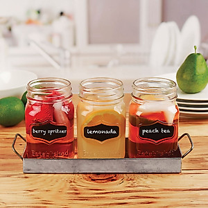 Circleware Yorkshire Chalkboard Mason Jar Glasses with Metal Holder Stand Set of 4, Home & Kitchen Farmhouse Décor Drink Tumblers for Water, Beer and Beverages, 17 oz, Galvanized