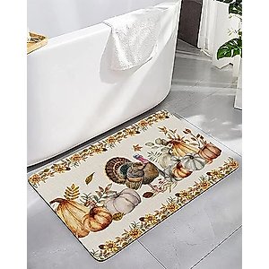 Bathroom Floor Shower Mat, Non-Slip Small Rugs - Easy to Clean, Harvest Turkey with Pumpkins and Sunflowers Maple Leaves Durable Bath Rug 16"x24" Washable Quick Dry Mats for Bathtubs