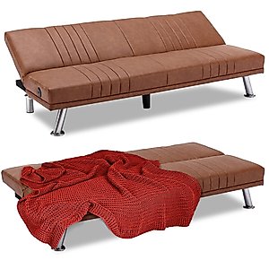 VECELO Sectional Convertible Sofa Bed Faux Leather Folding Sleeper Futon for Living Room, Brown
