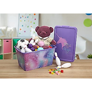 SIMPLYKLEEN 14.5-gal. Plastic Storage Containers with Rainbow Unicorn Print Lids, Reusable Stacking StorageChest for Girls, (4 Pack) Made in the USA