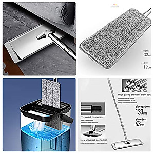 Black Squeeze Flat Floor Mop and Bucket Set,Stainless Steel Handle Adjustable, 4 Washable & Reusable Microfiber Mop Pads, Professional Commercial Home Mops for Floor Cleaning
