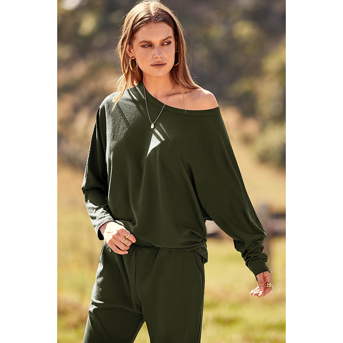 PRETTYGARDEN Women's Spring Fall Fashion Outfits 2 Piece Sweatsuit Long Sleeve Pullover Long Pants Ribbed Matching Lounge Set (Army Green,Large)