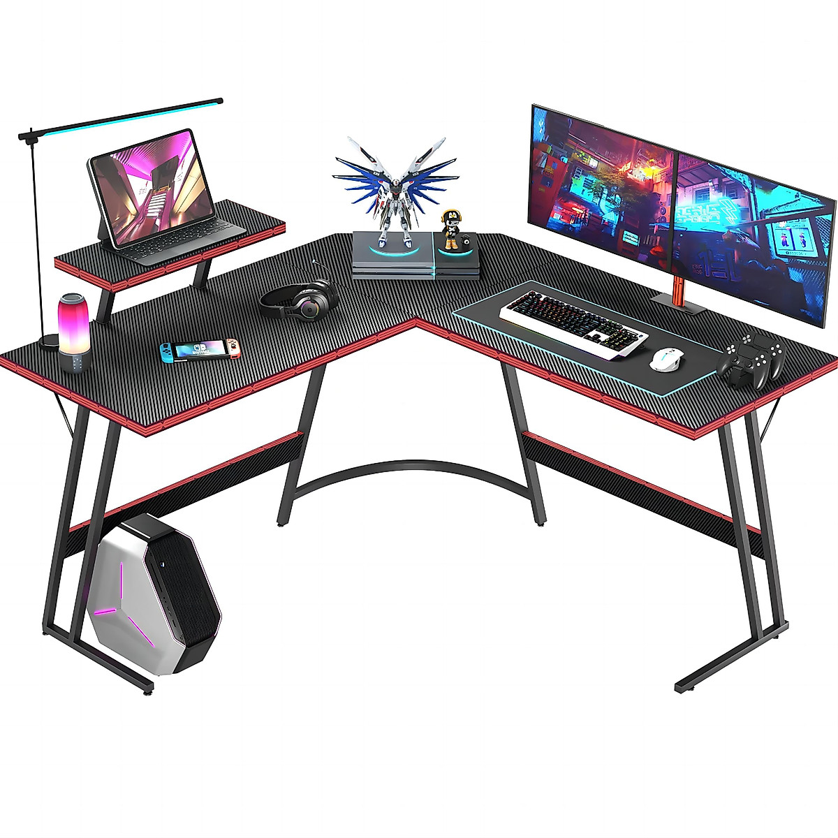 Shahoo L Shaped Gaming Desk, 51 Inch Computer Corner Table with Large Monitor Stand & Carbon Fiber Surface for Home Office Study Writing Workstation, Black