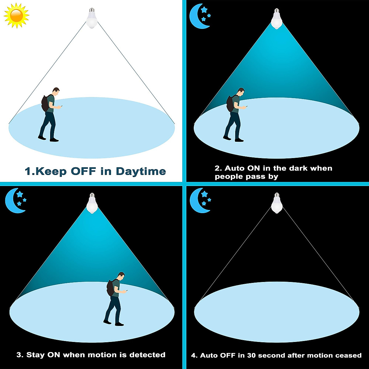 Motion Sensor Light Bulbs for Outdoor Indoor, 9W A19 Motion Detector Led Bulb, 60 Watt Equivalent, E26 800lm 5000K Daylight, Dusk to Dawn Motion Activated Security Lights for outside, Inside (2 Pack)