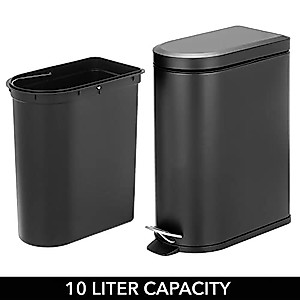 mDesign Small 2.6 Gallon Stainless Steel Metal Step Trash Can Garbage Bin for Bathroom, Bedroom, Home Office - D-Shape Trashcan with Foot Pedal/Lid, Removable Liner Bucket with Handles, Black