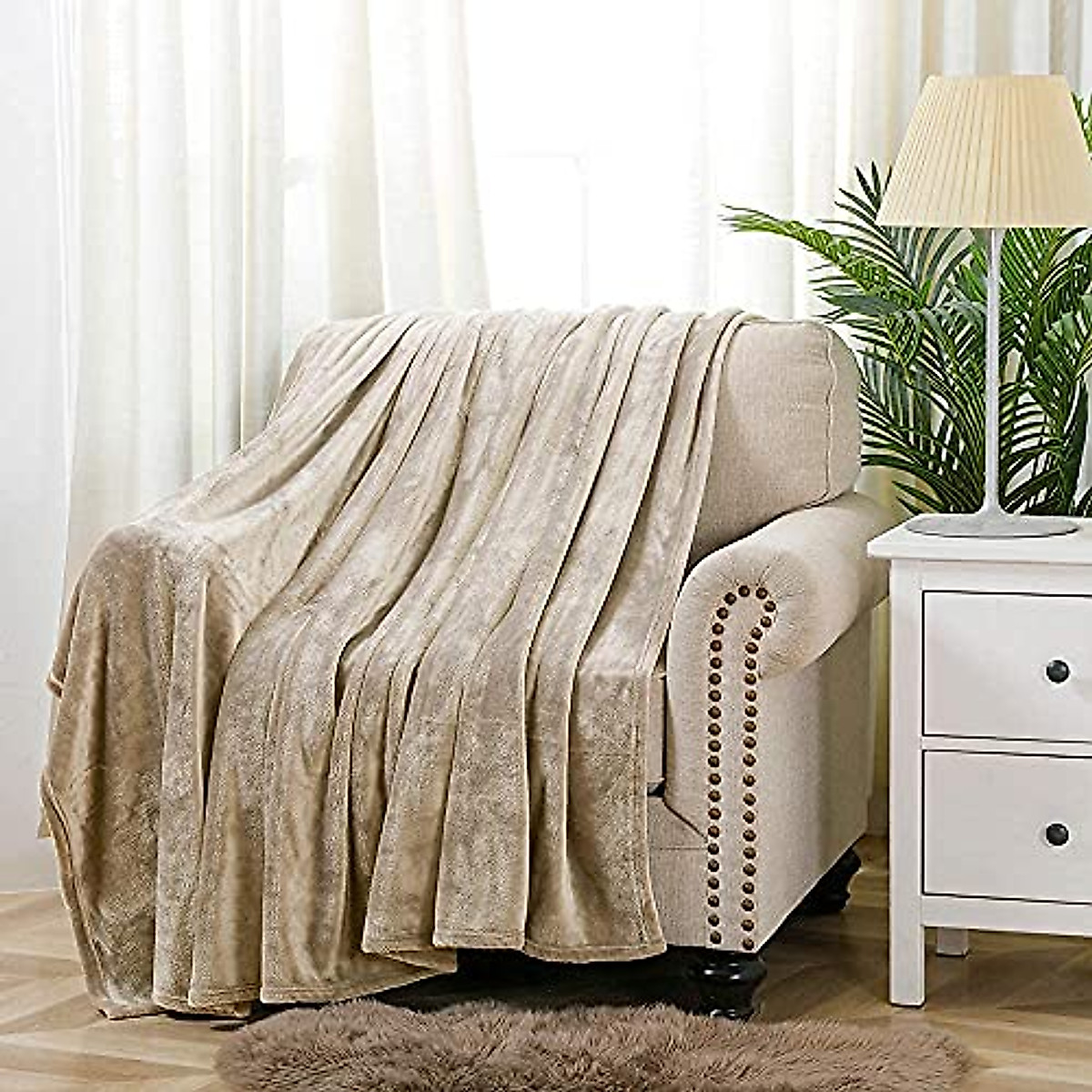 BOURINA Fleece Blanket Flannel Throw Blanket (Beige,Throw Size) Lightweight Cozy Microfiber Blanket for Sofa, Couch, Bed, Camping, Travel, 50x60 inches