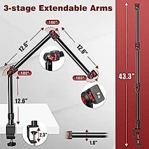 VIVEMCE Overhead Camera Mount Desk Stand,Adjustable 3-Section Camera Desk Mount with 1/4“ 3/8" 5/8" Screws,C-clamp Tabletop Mount for Camera, Microphone, Phone, Webcam