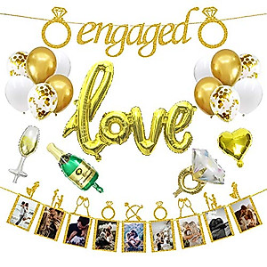 Engagement Wedding Decorations,Gold Engaged Banner, Photo Banner and Set of 12+5 distinctive Balloons for Engagement/Wedding/Anniversary/Valentines Day Party